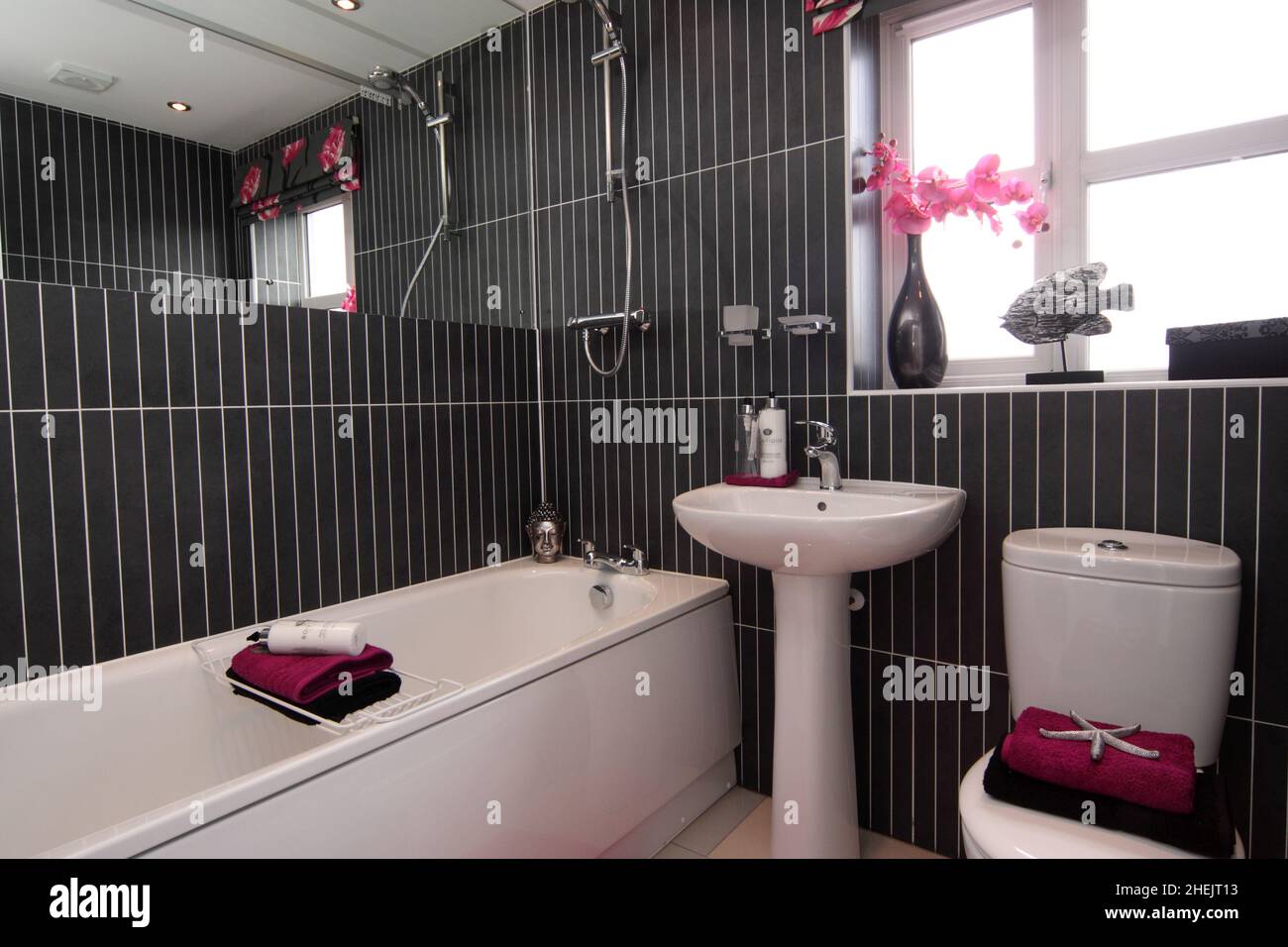 Shower over bath in modern new build house bathroom, black tiles,bath ...