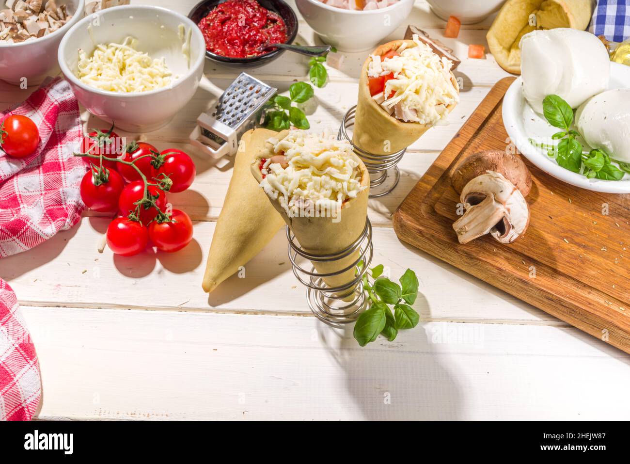 Cooking trendy Cone pizza background, modern pizza recipe, with ...