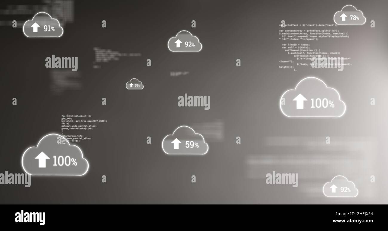 Image of data processing and clouds with percentage on black background ...