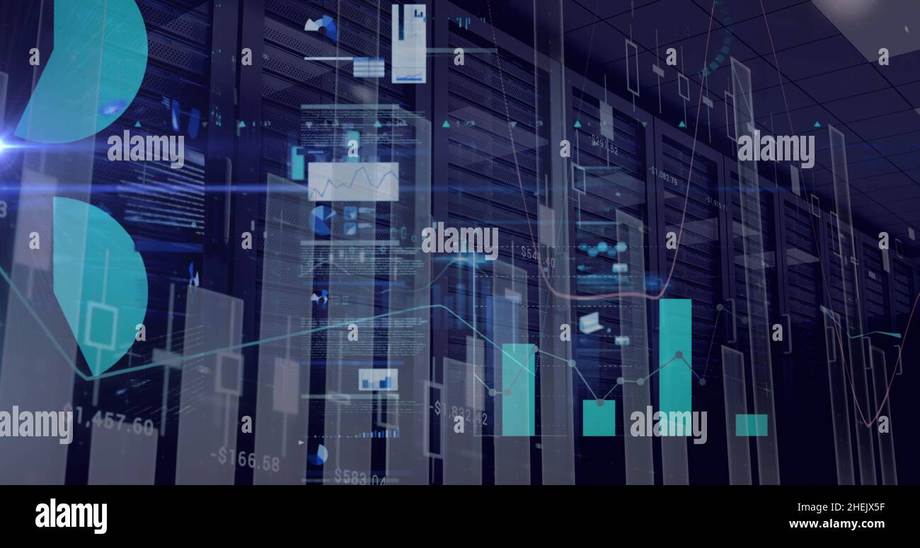 Image of data processing and diagrams over server room Stock Photo - Alamy