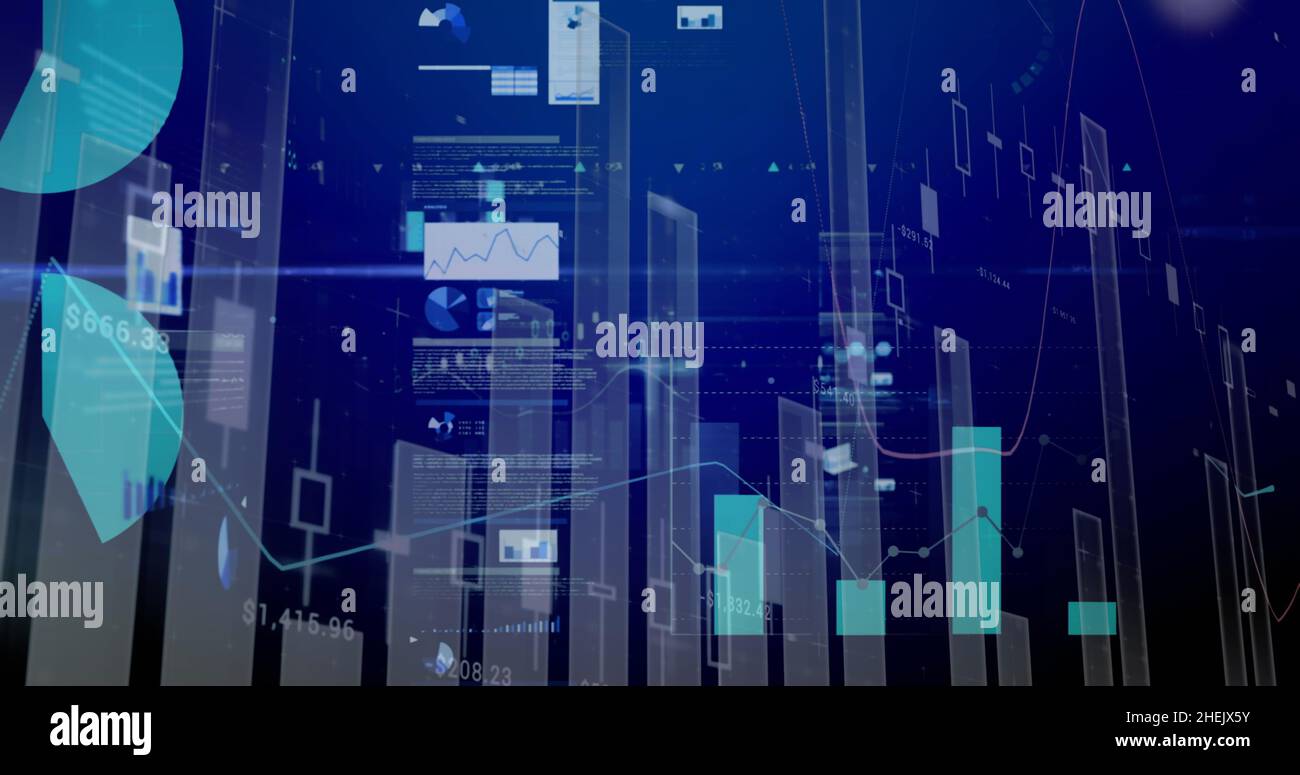 Image of data processing and diagrams on blue background Stock Photo ...
