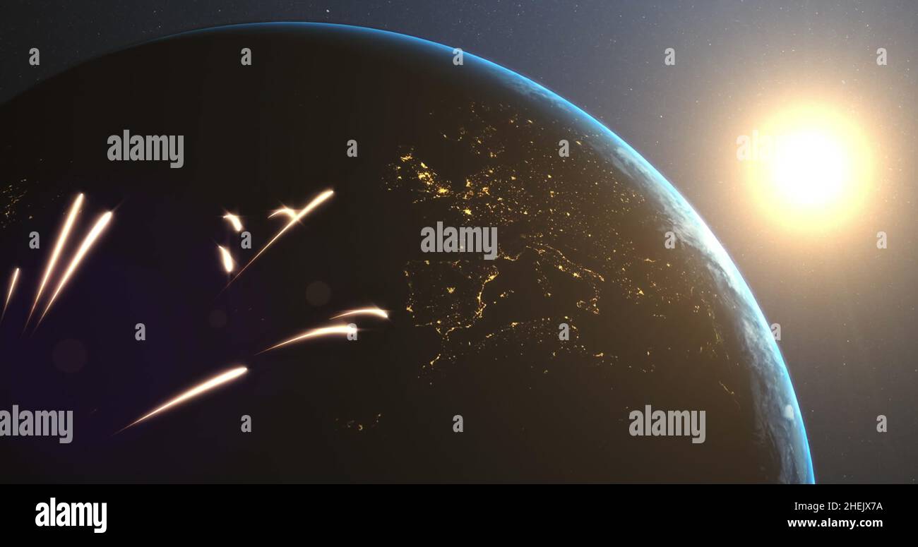 Image of new year fireworks over rotating globe on night sky Stock ...