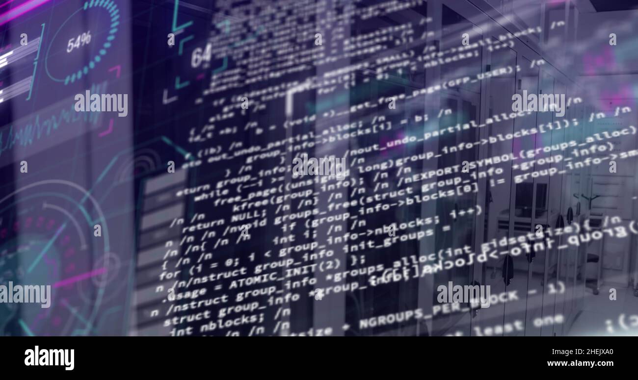 Image of data processing and world map over server room Stock Photo - Alamy