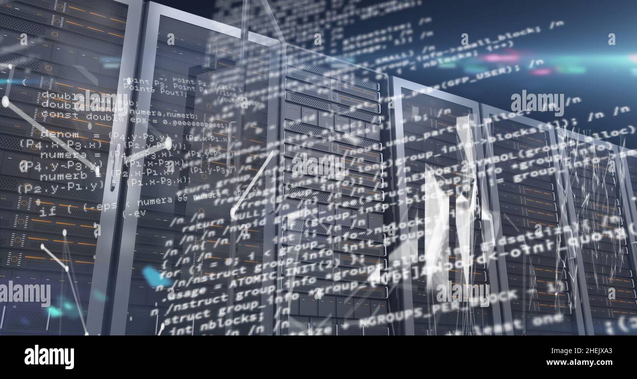 Image of data processing and shapes over server room Stock Photo - Alamy
