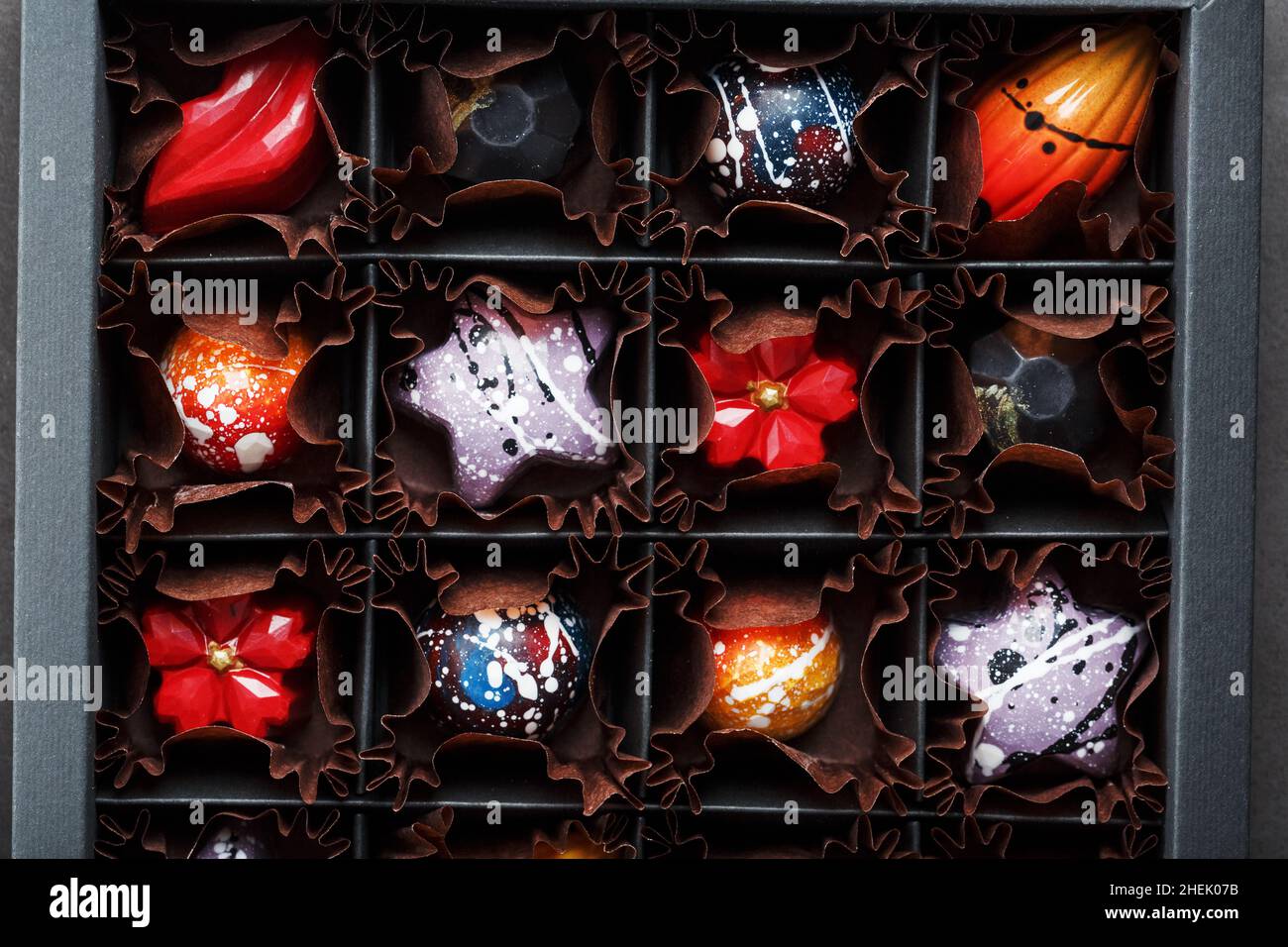 Sweet handmade chocolates in a box. The art of chocolate Stock Photo ...