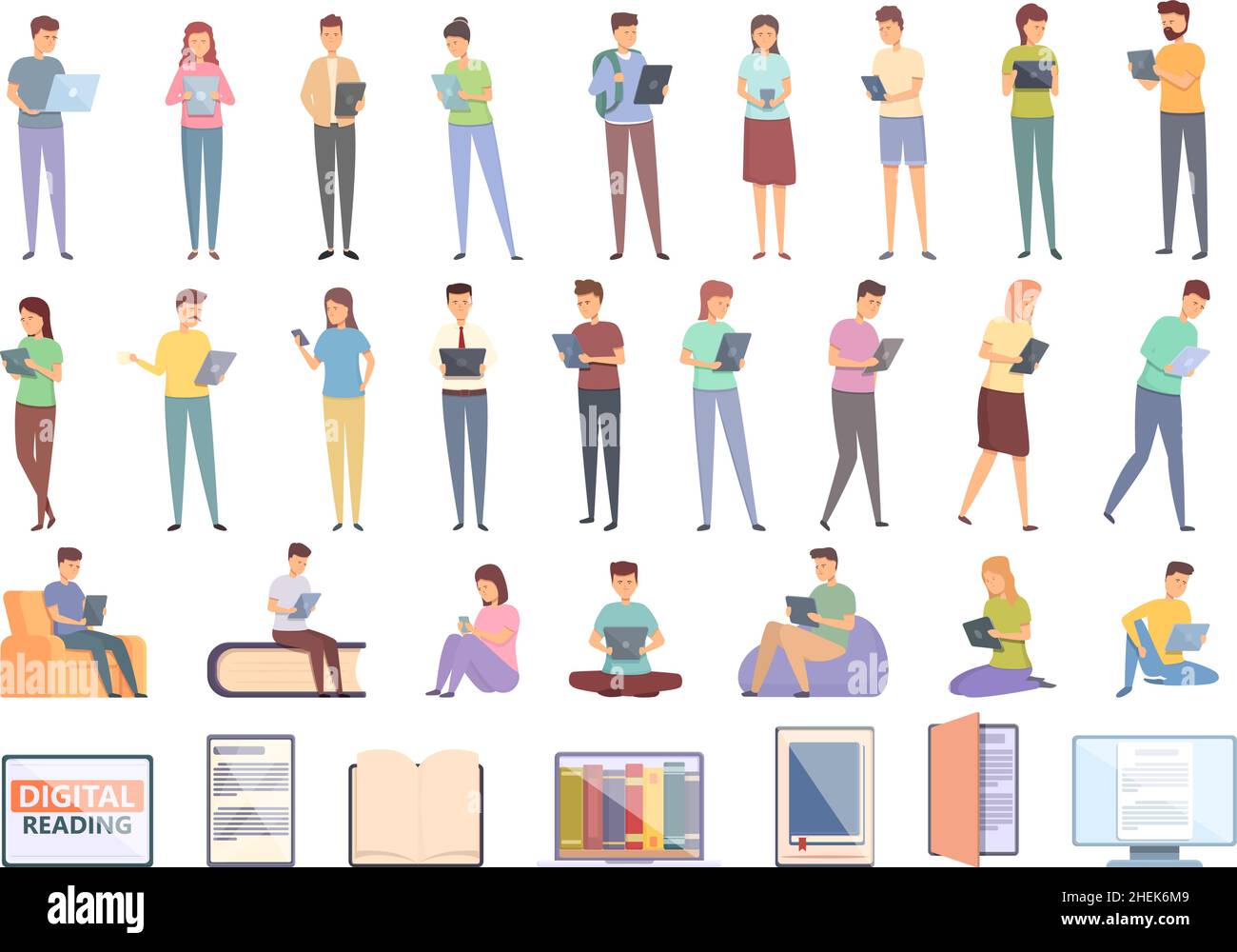 Digital reading icons set cartoon vector. Book library. Media audiobook ...