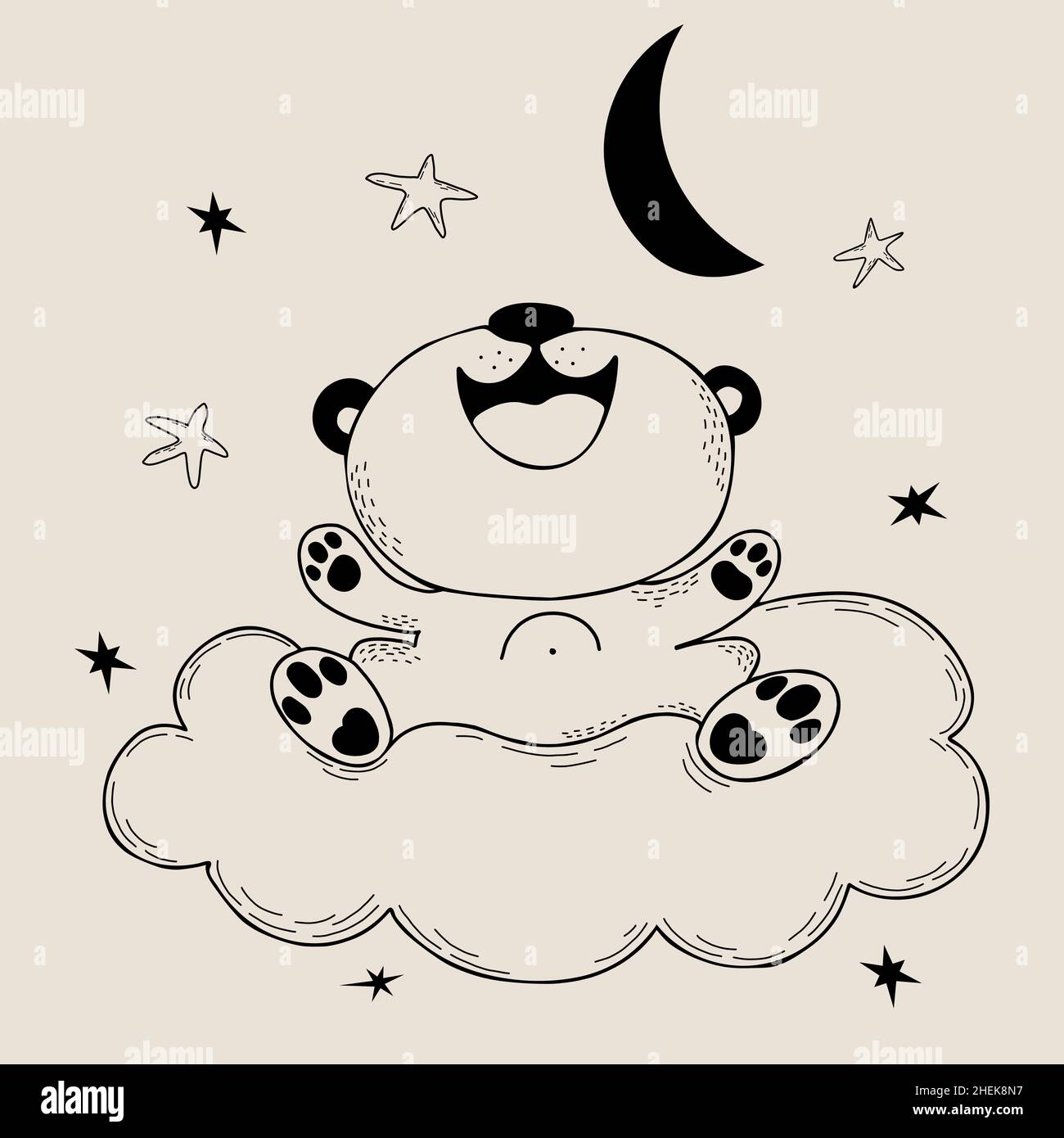 Cute panda sits on cloud and rejoices at moon. Vector illustration ...