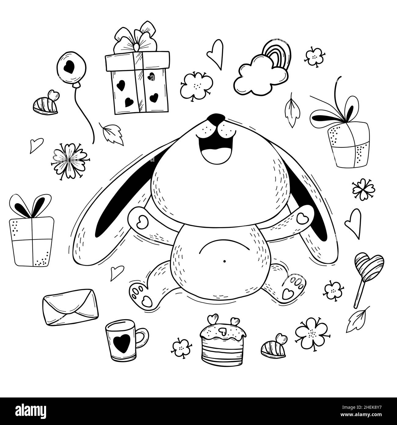 Cute happy bunny with gifts, balloon and cake, sweets, lollipops and ...