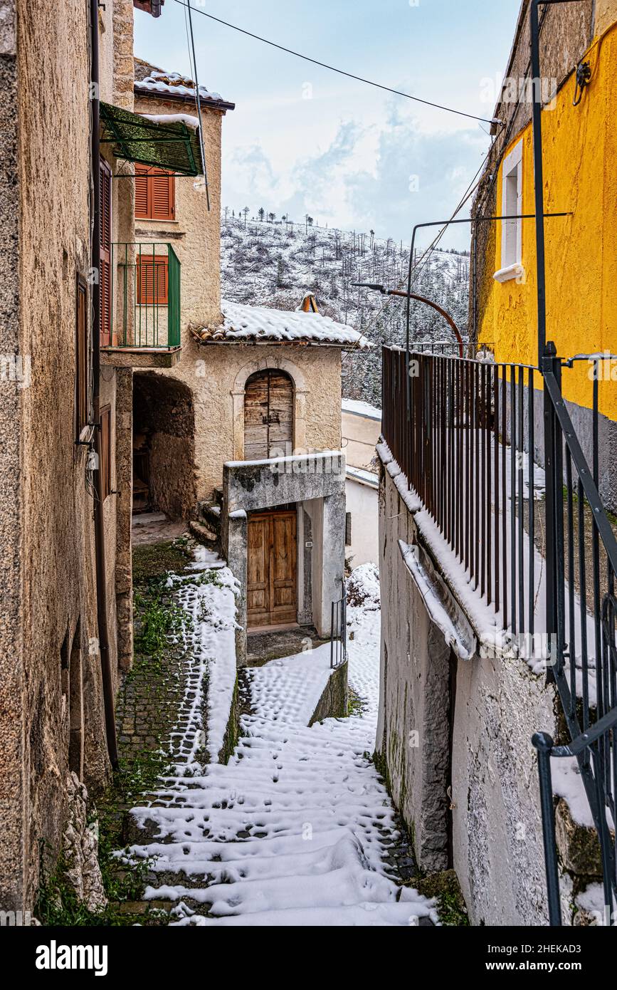 Steps, alleys and snow-covered roofs in the small mountain town of ...