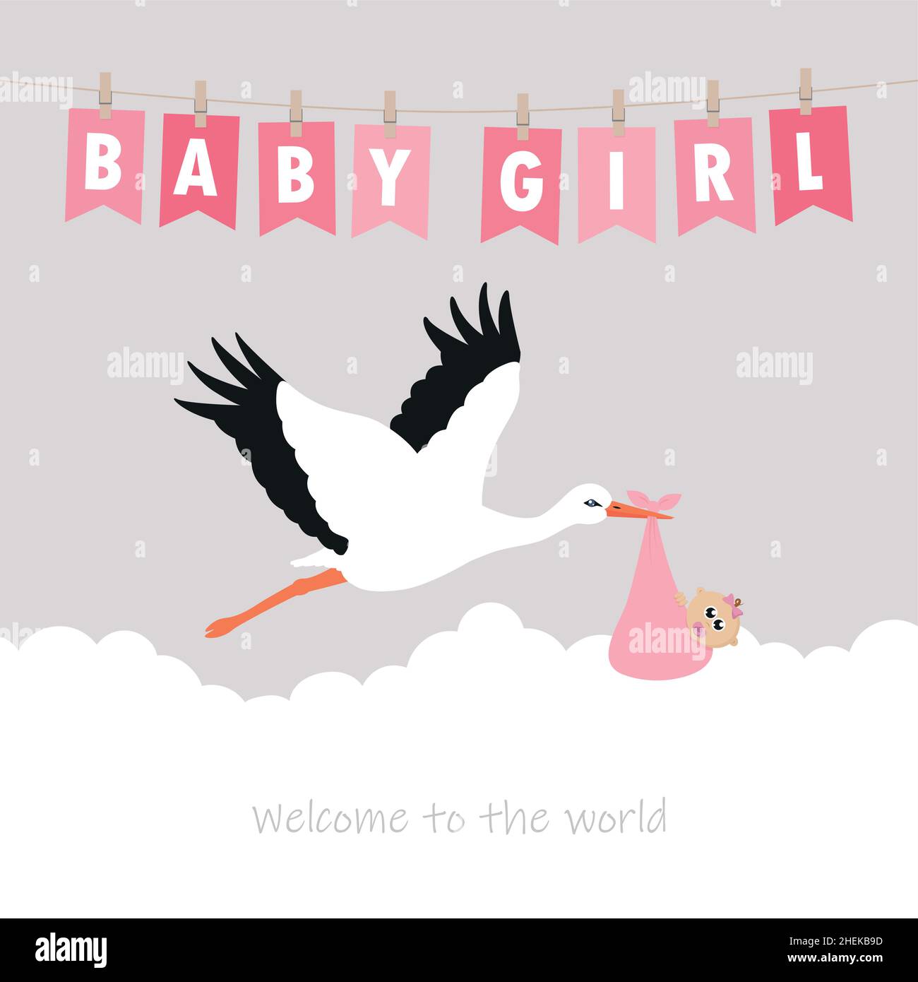 baby girl welcome greeting card with stork and party flag Stock Vector ...