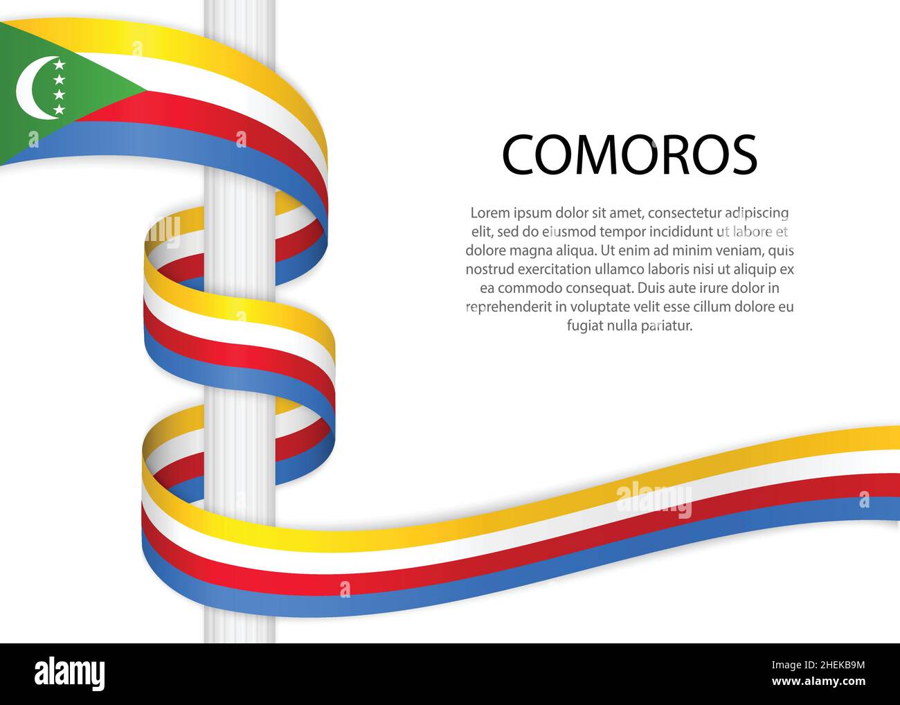 Waving ribbon on pole with flag of Comoros. Template for independence ...
