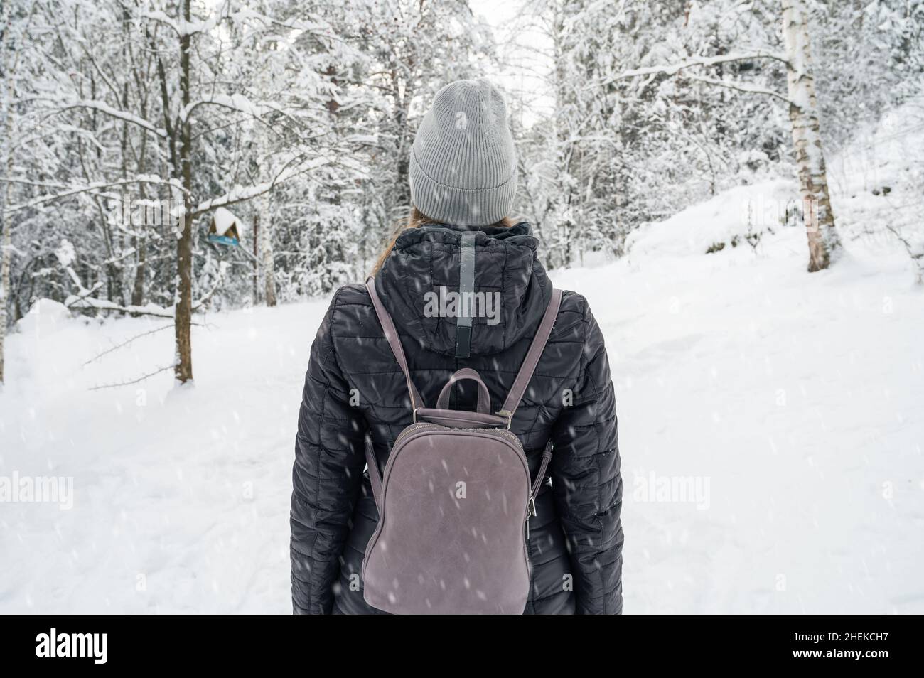 Woman in winter jacket walking in snowy winter forest, snowy winter day ...