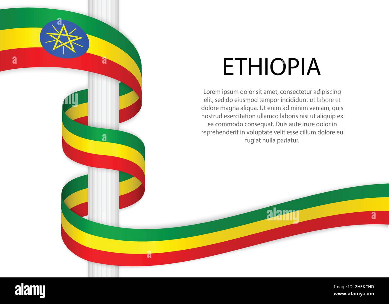 Waving ribbon on pole with flag of Ethiopia. Template for independence ...