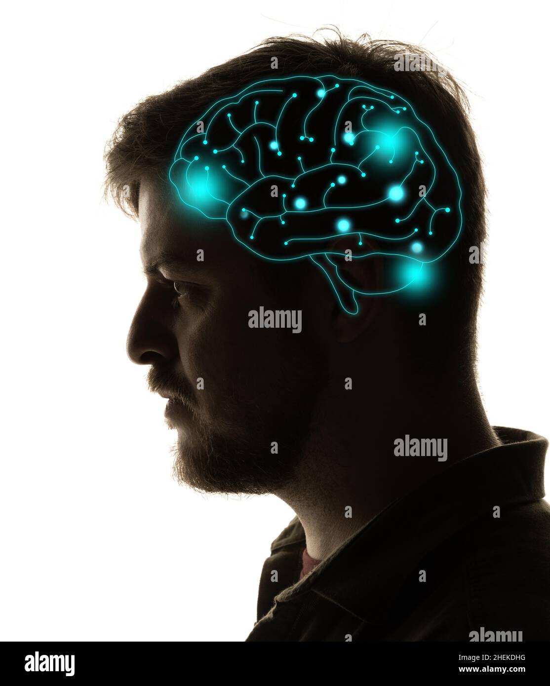 Contemporary artwork. Silhouette of young man with neon drawings of ...