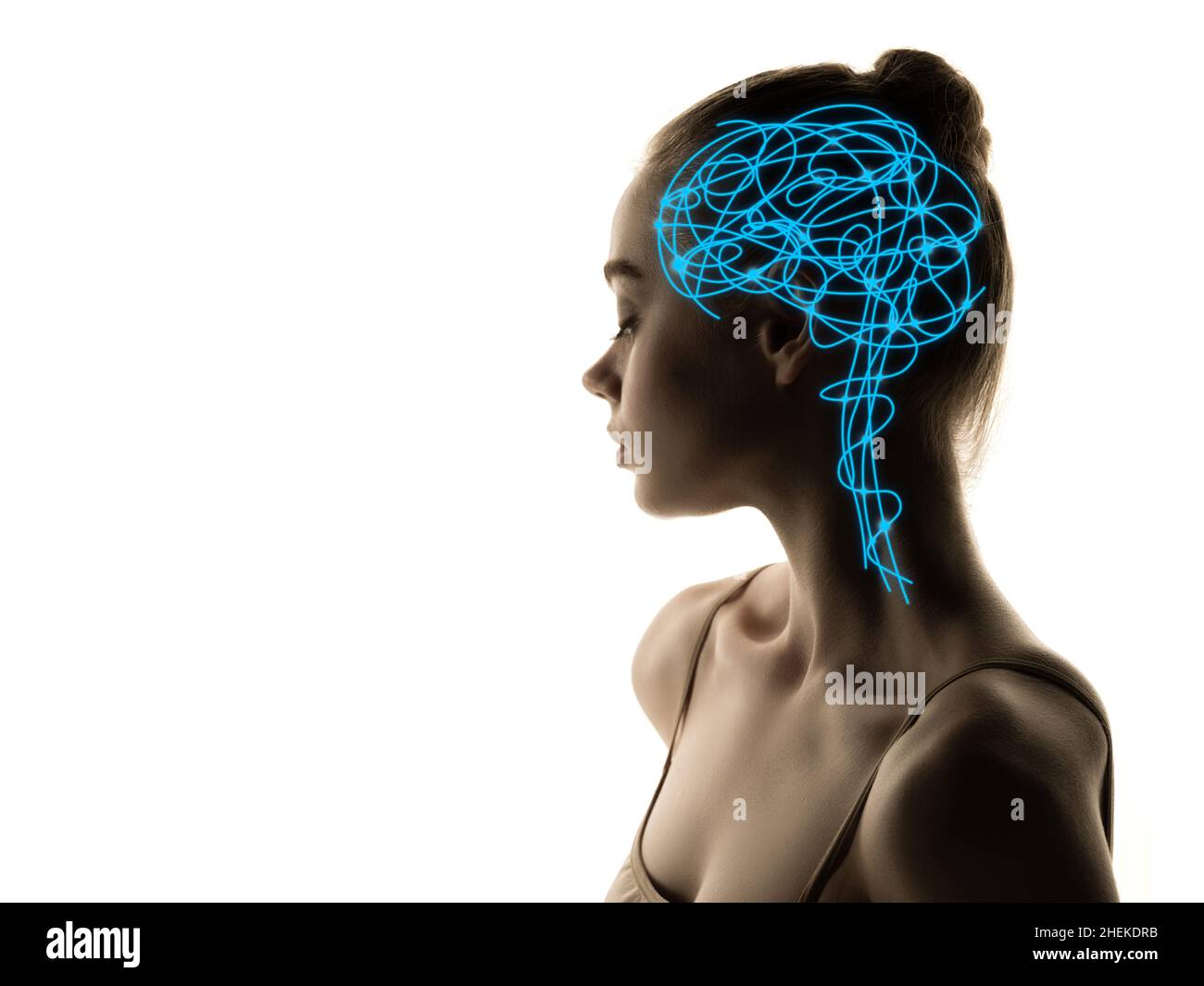 Conceptual image with silhouette of young girl with neon drawings of ...