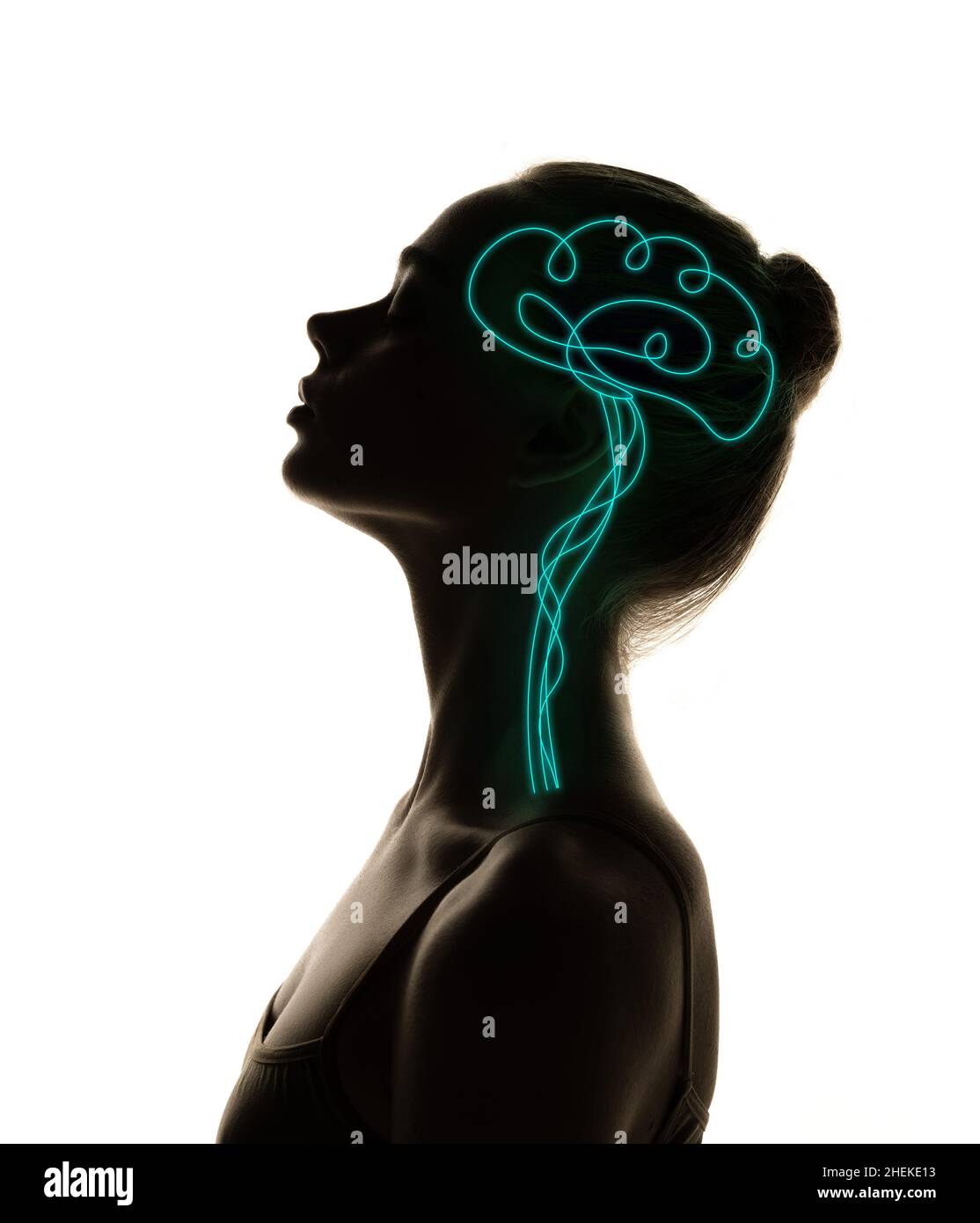 Conceptual image with silhouette of young girl with neon drawings of ...