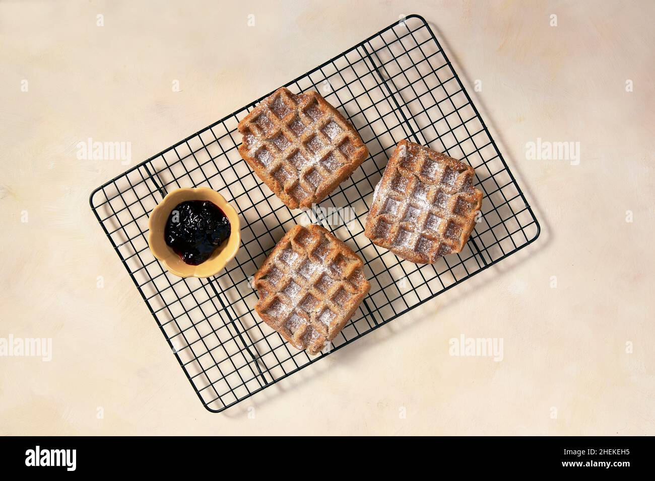 Fresh made waffles from above. Top view of vegan, gluten free waffles ...