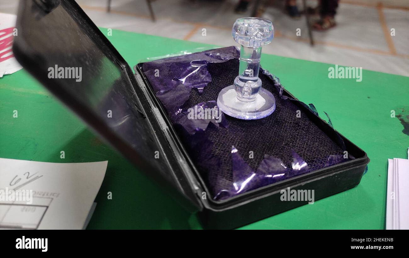 stamp and ink pad at polling station in india. concept of assembly ...