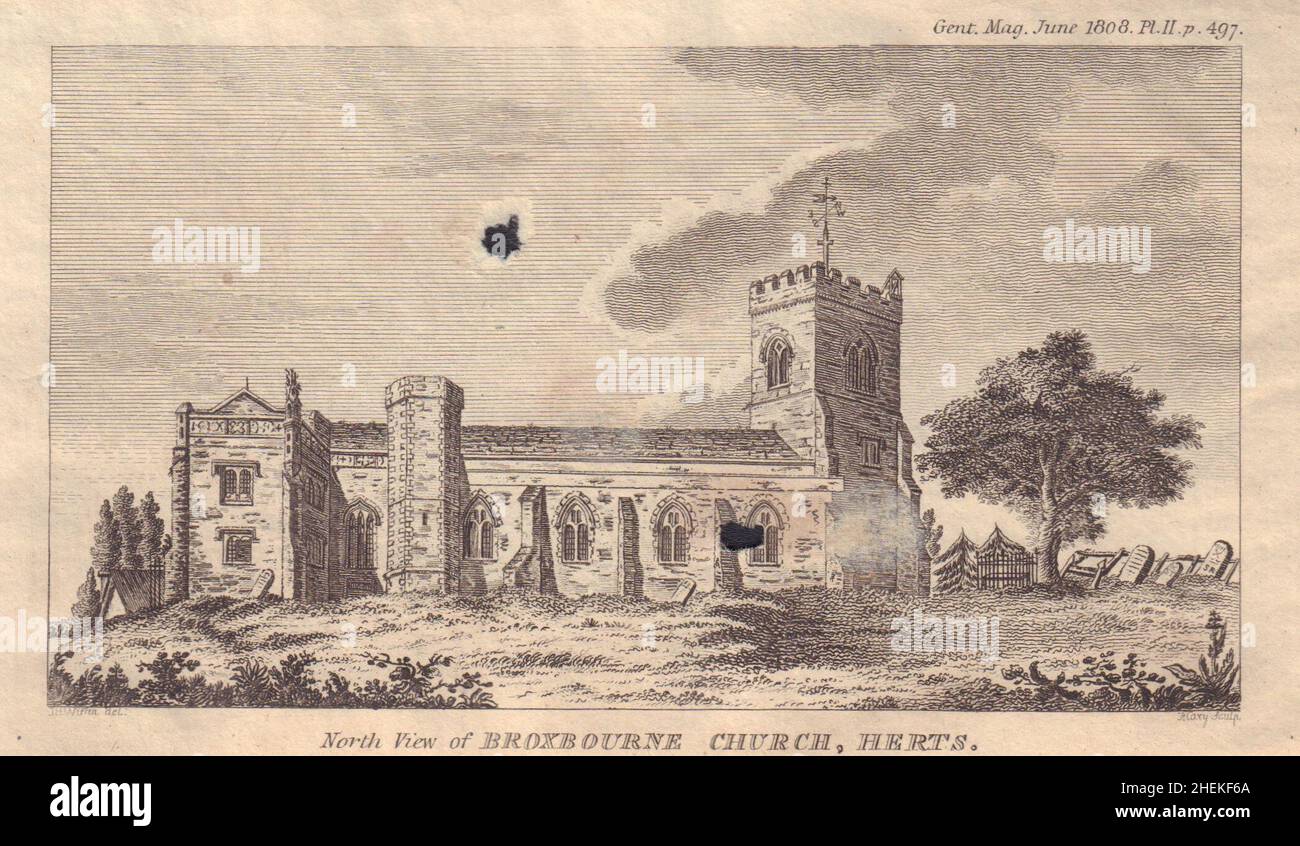 North view of St Augustine's Church in Broxbourne, Hertfordshire 1808 ...