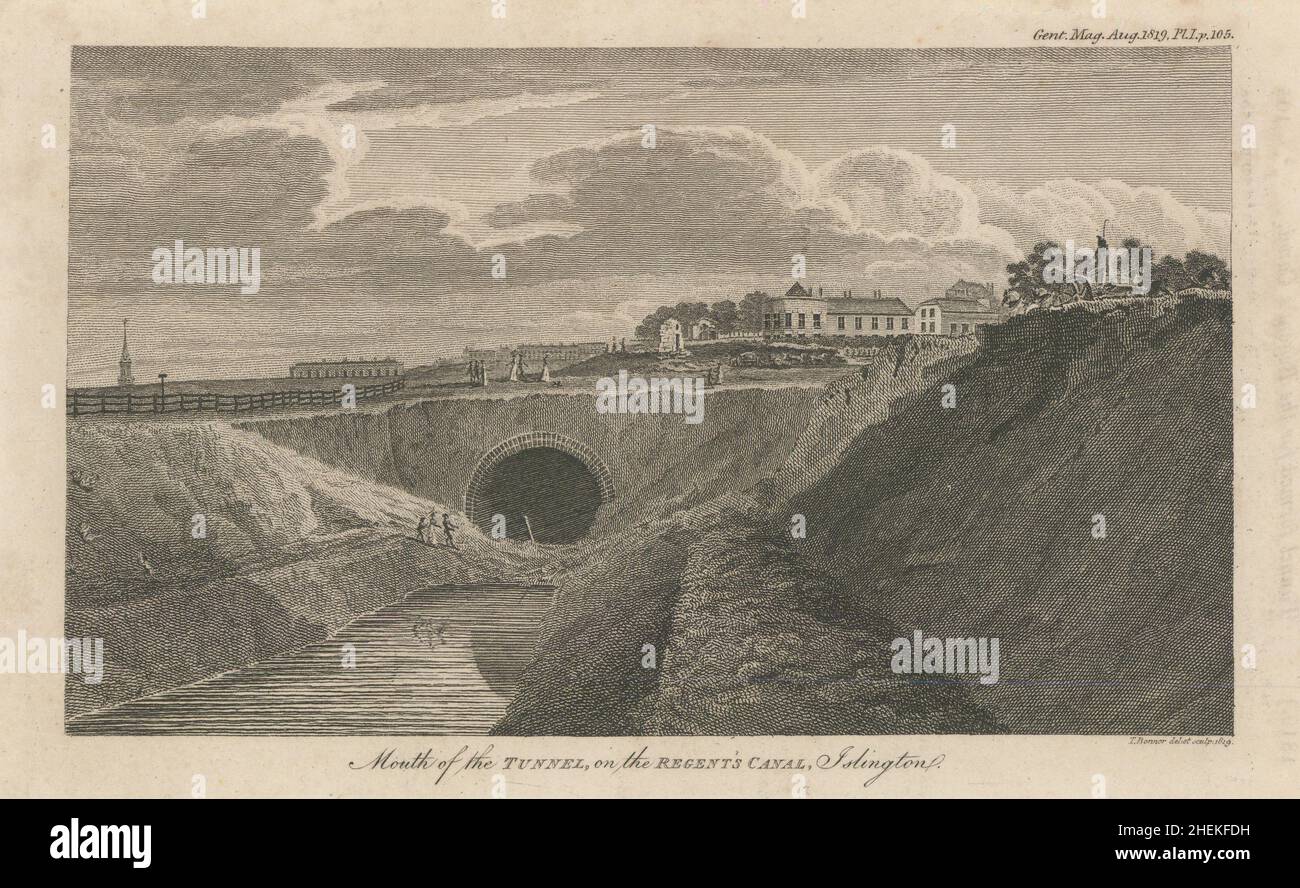Mouth of Islington Tunnel, on the Regent's Canal, London 1819 old print ...