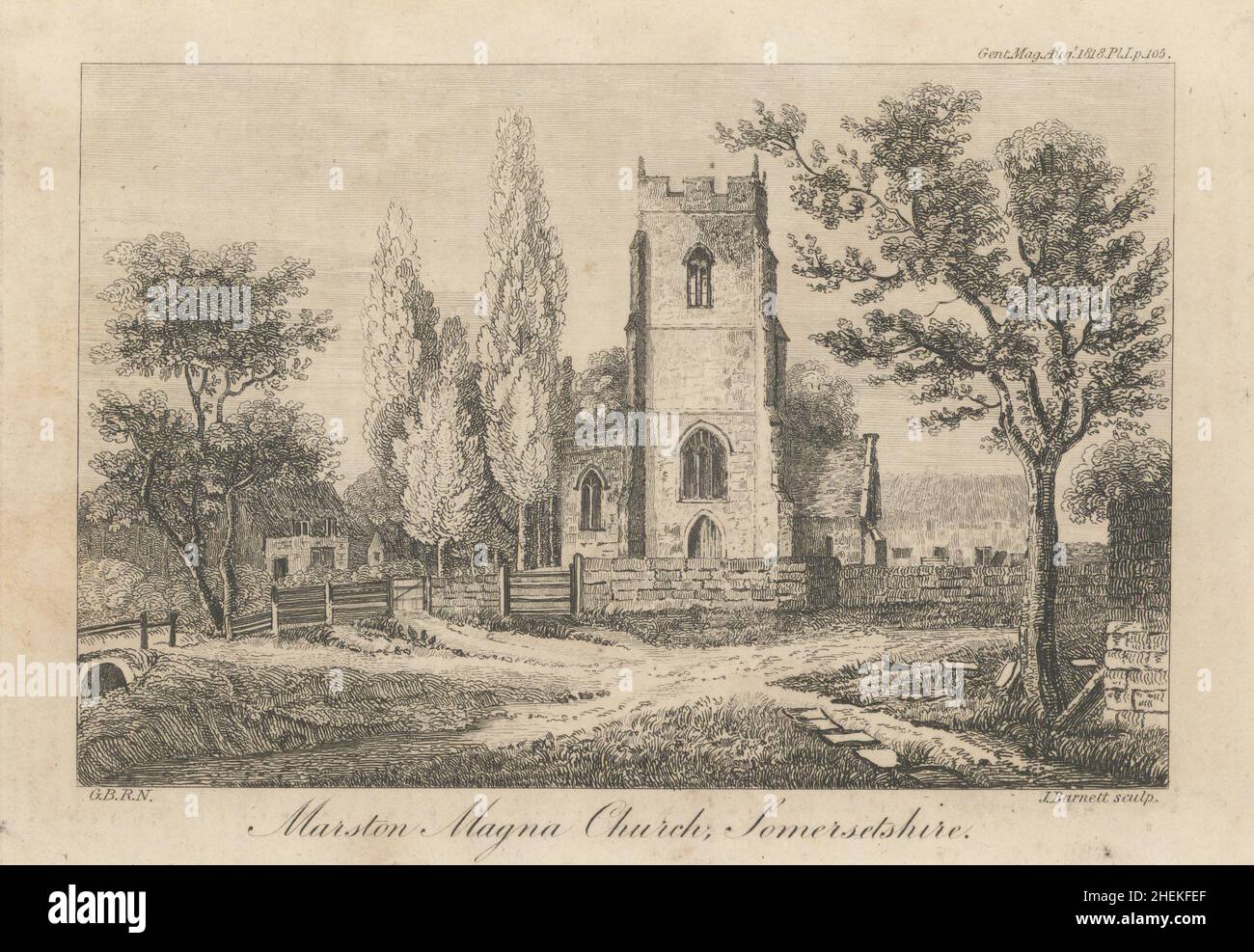 View of St Mary's Church, Marston Magna in Somerset 1818 old antique ...