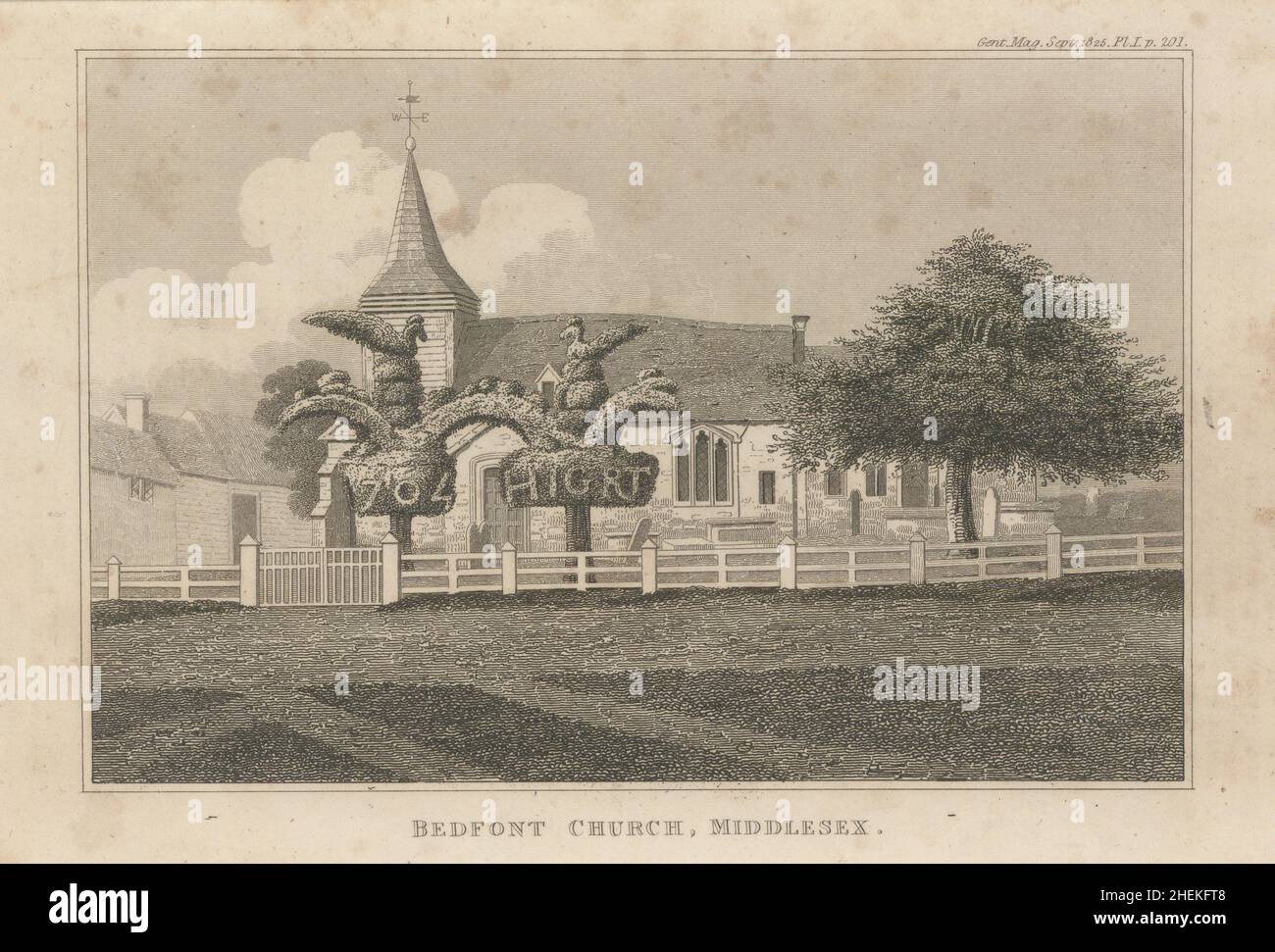 View of St Mary the Virgin Church, Bedfont, London 1825 old antique ...