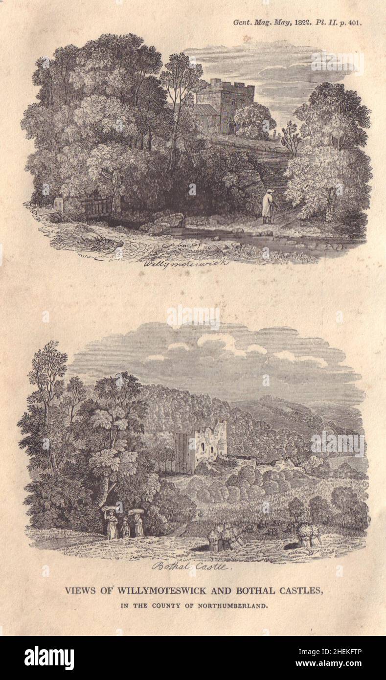 Views of Willimoteswick and Bothal Castles, Northumberland 1822 old ...
