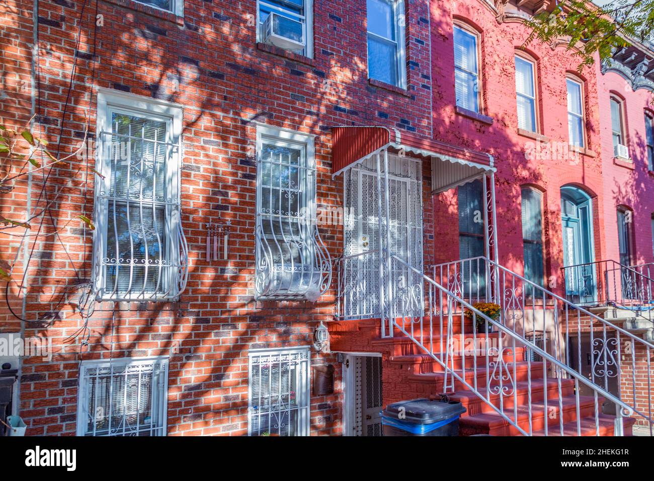 small brick houses in the Union street in Brooklyn, New York with ...