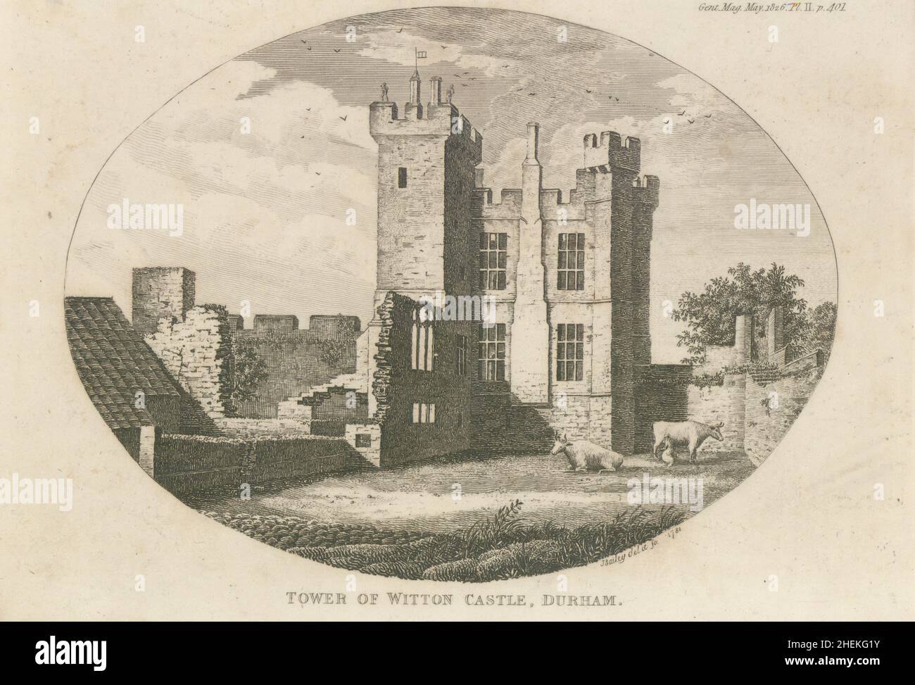 View of the Tower of Witton Castle, Witton-le-Wear, Durham 1826 old ...