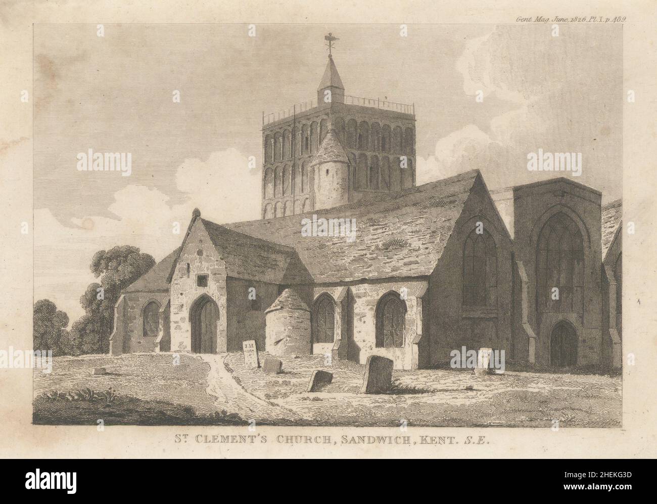 South east view of St Clement's Church, Sandwich, Kent 1826 old antique ...