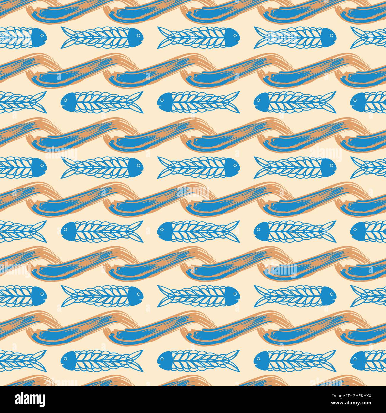 School of fish swimming in painted ocean waves. Vector seamless pattern ...