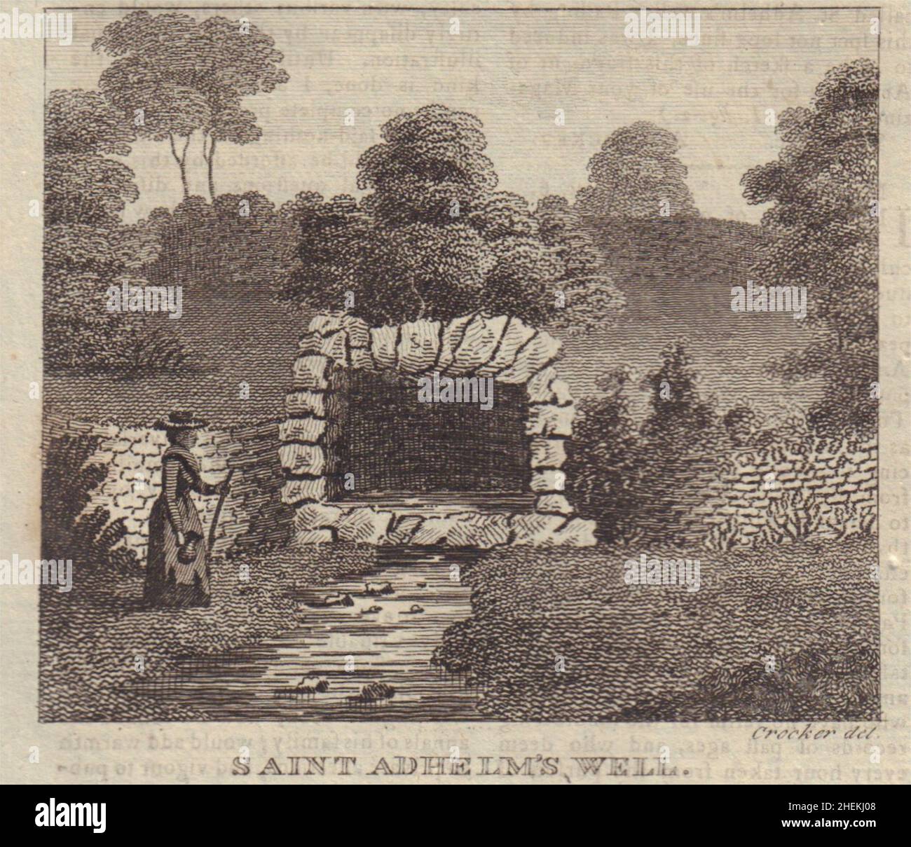 View of St Adhelm's well in Doulting, Somerset. SMALL 1796 old antique ...