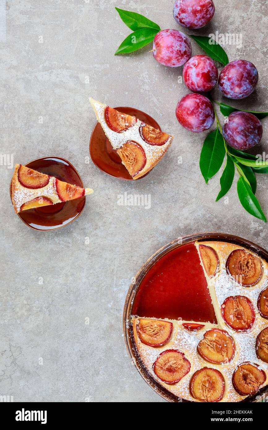 Sliced homemade red plum pie covered with powdered sugar Stock Photo ...