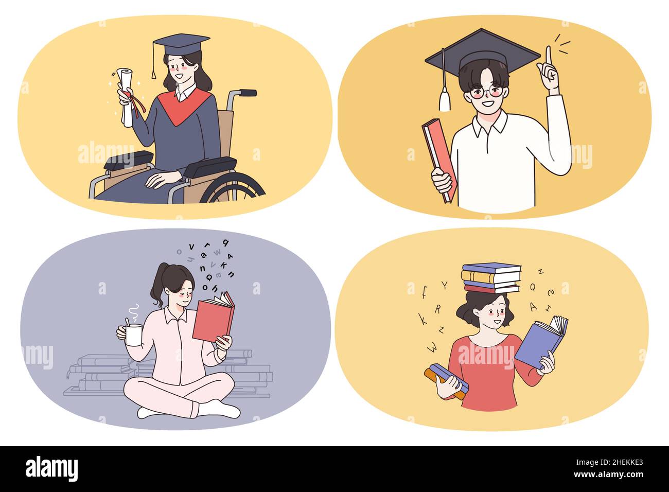 Education reading and knowledge concept. Set of young smiling people ...