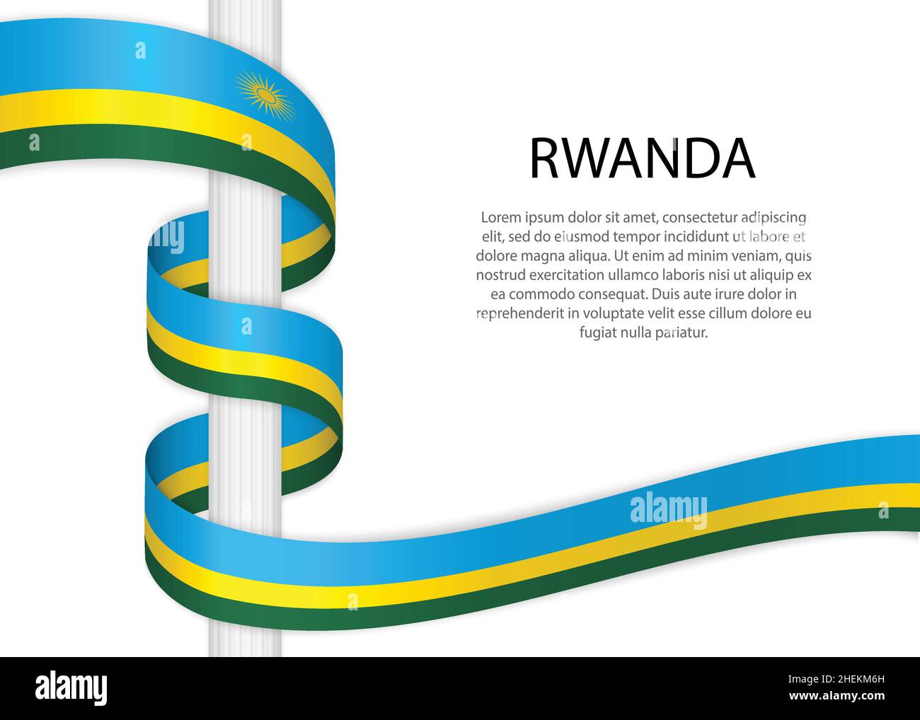Waving ribbon on pole with flag of Rwanda. Template for independence ...