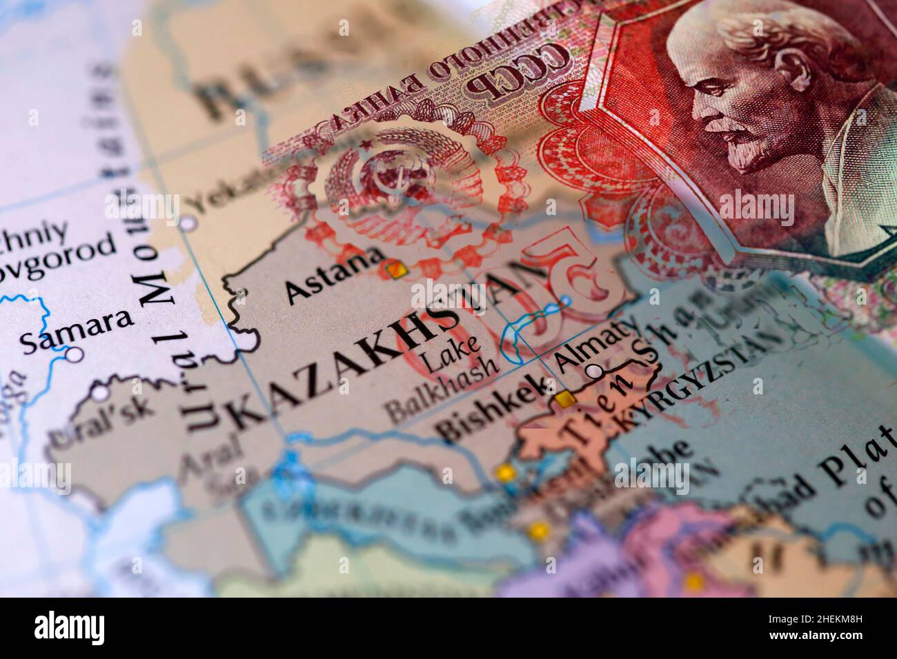 A map showing Kazakhstan in combination with a Russian ruble banknote ...