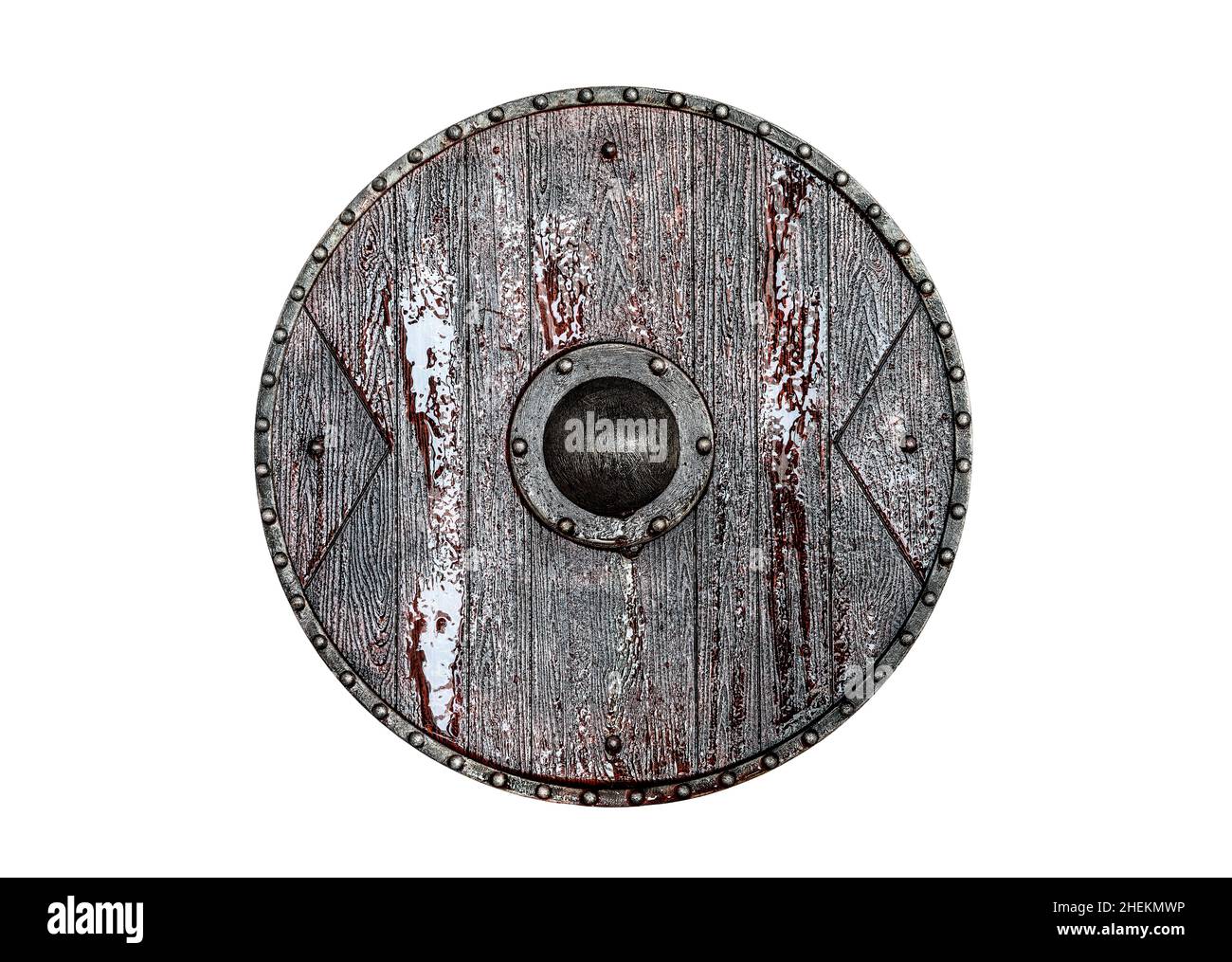 Old round shield in blood isolated on white background with clipping ...