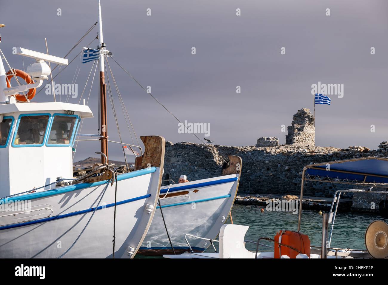 Paros island Greece, Cyclades. Fishing boat anchored at Naousa old ...