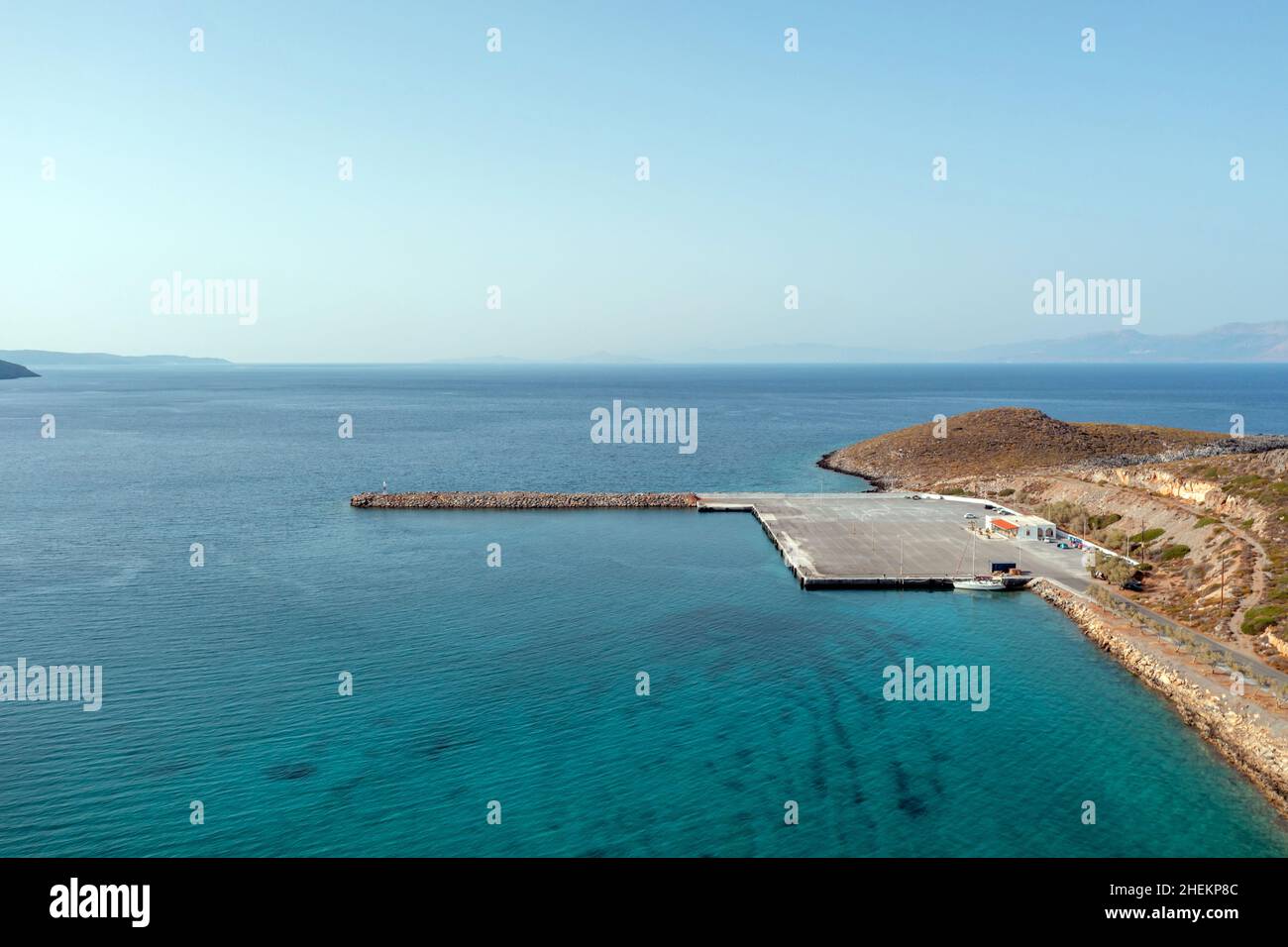 Greece. Aerial view over Kythira island harbor at Diakofti, Small port ...