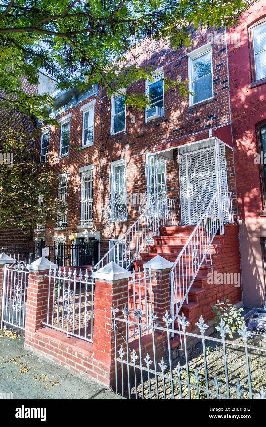 small brick houses in the Union street in Brooklyn, New York with ...