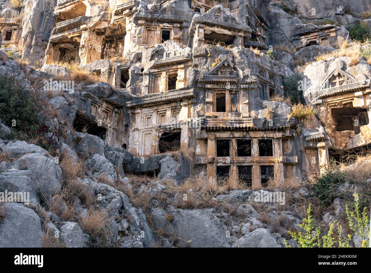 famous complex of rock tombs in the ruins of Myra Stock Photo - Alamy