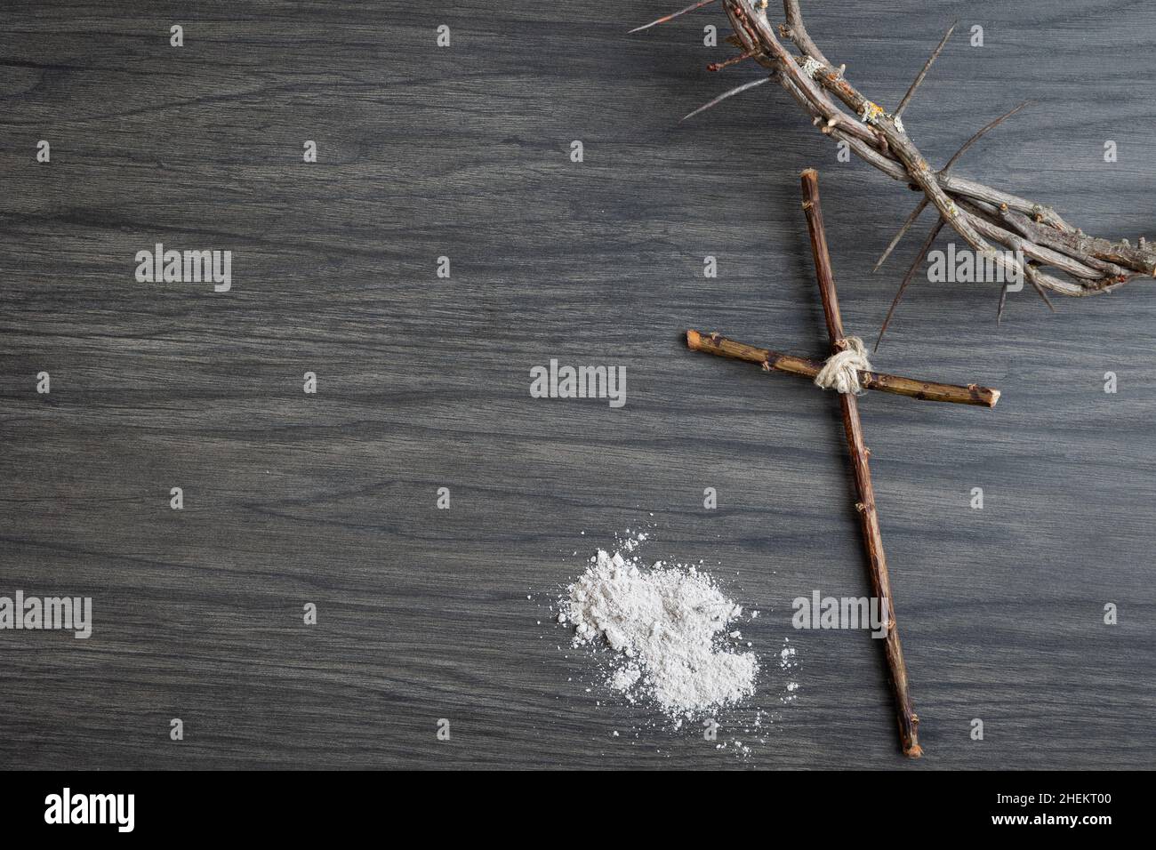 Christian lent border with crown of thorns, simple wood cross and pile ...