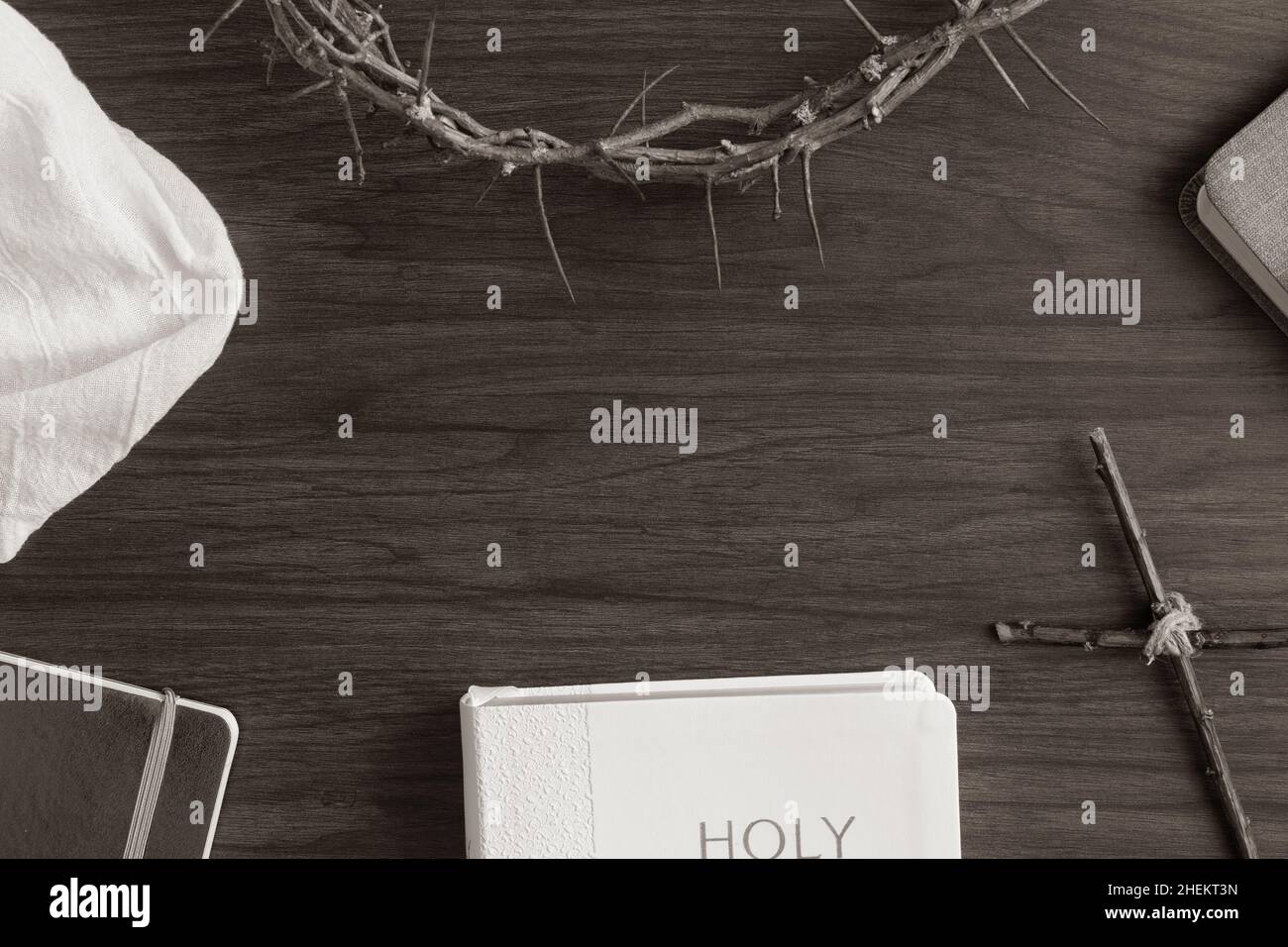 Lent Christian frame or border, with cross, crown of thorns, bible and ...