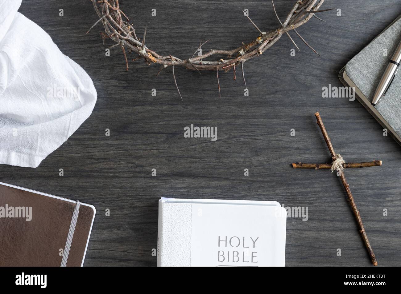 Lent Christian frame or border, with cross, crown of thorns, bible and ...
