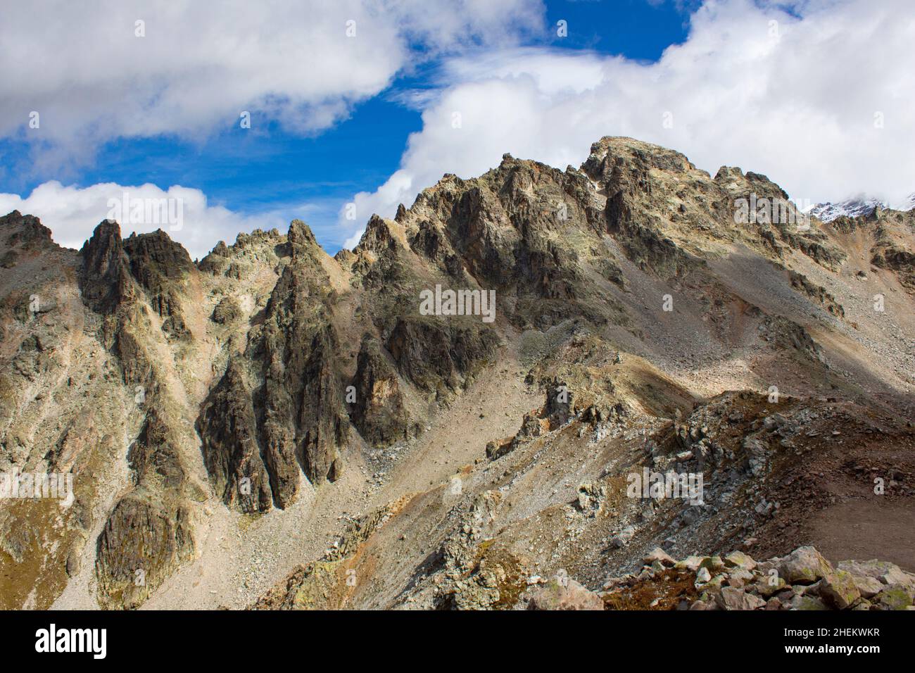 Mountain view from cliff at very high altitude. Scenic alpine landscape ...