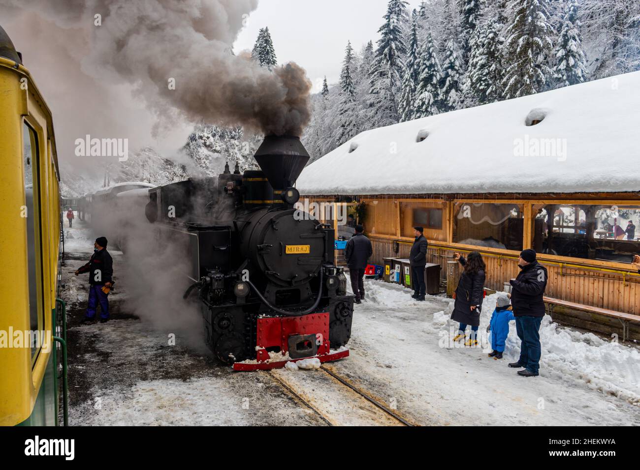 26.12.2021 Maramures, Romania. Photo of a narrow gauge steam locomotive ...