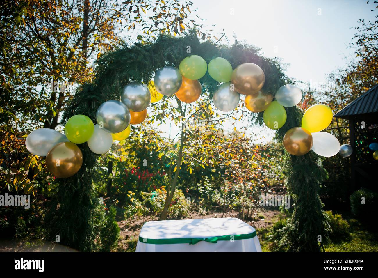 Wedding arch made of colorful inflatable balloons. Celebration of a ...