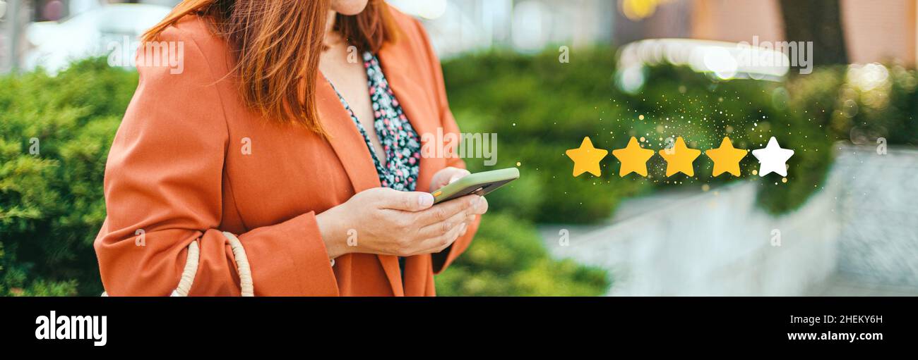Customer review good rating concept.Excellent. Person using mobile ...
