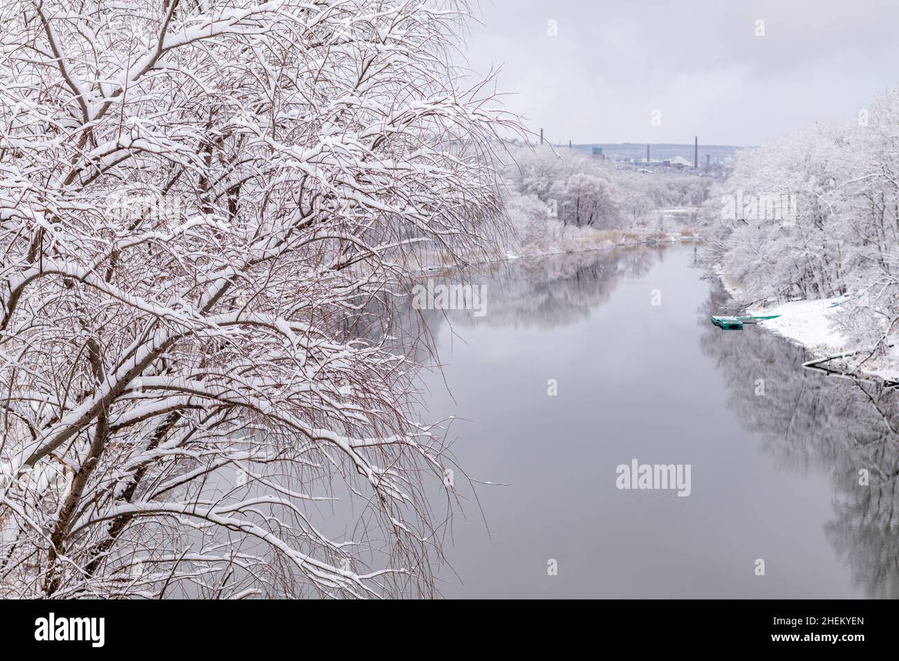 River landscape in the winter forest with trees covered with fresh snow ...