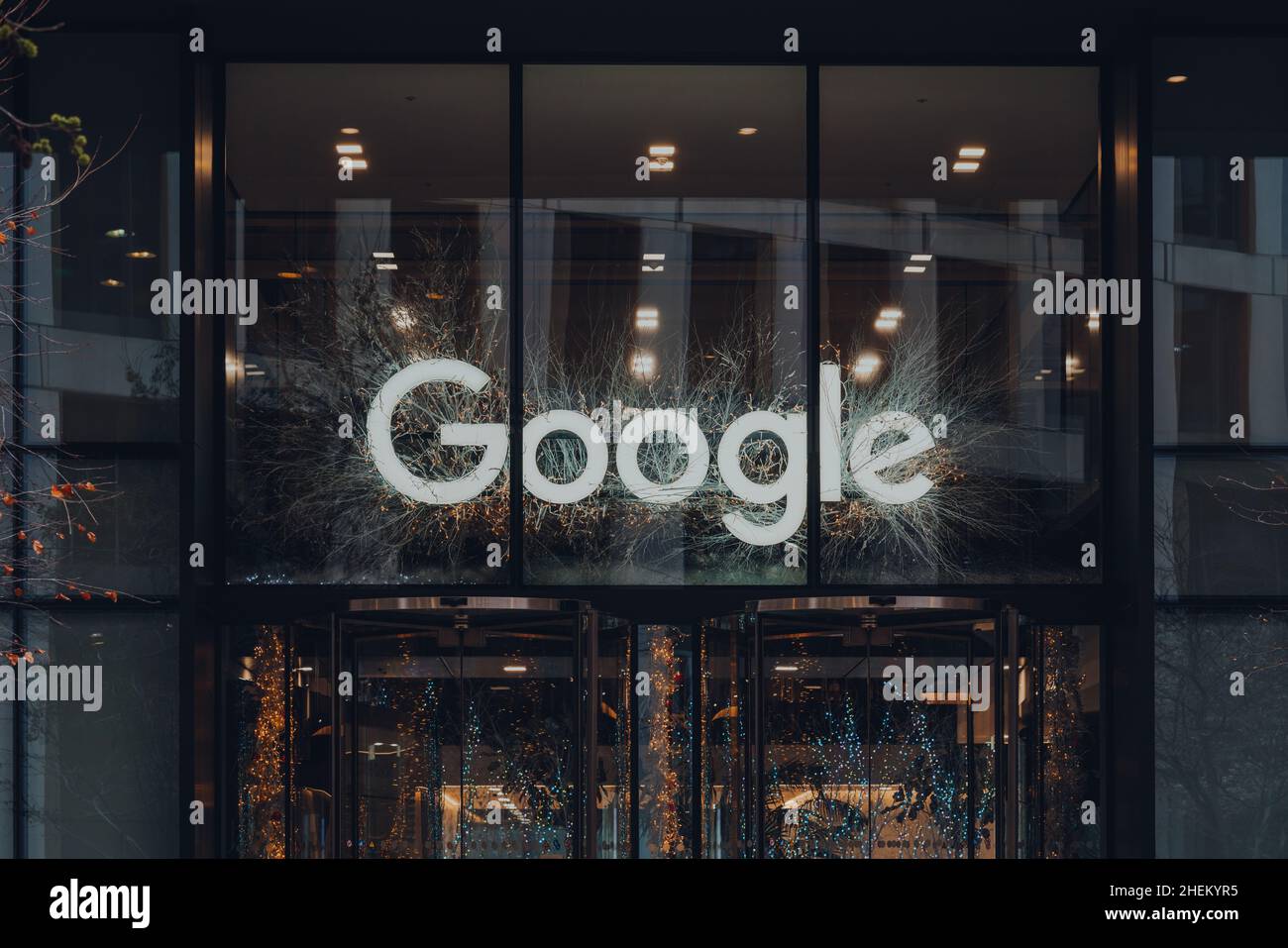 London, UK - January 01, 2022: Name sign above the entrance of Google ...